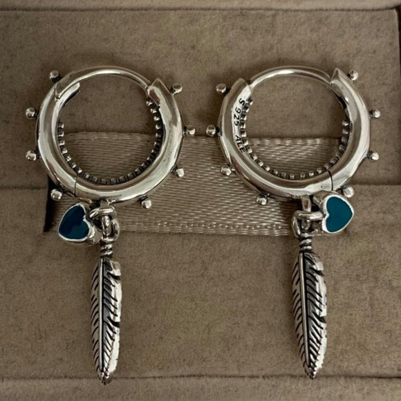 Pandora | Jewelry | Pandora Turquoise Hearts And Feather Hoop Earrings ...